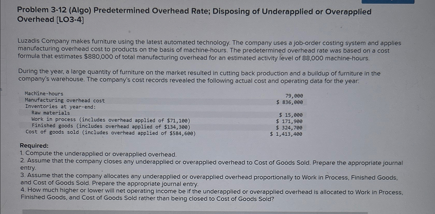 Solved Problem 3-12 (Algo) ﻿Predetermined Overhead Rate; | Chegg.com