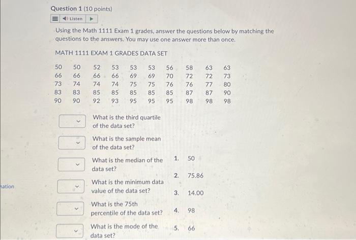 Solved Using The Math 1111 Exam 1 Grades Answer The
