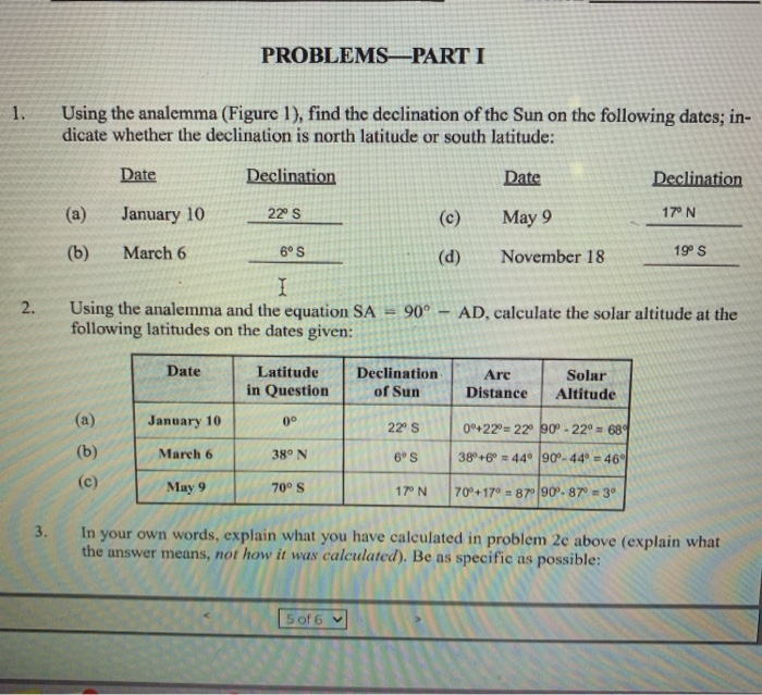 Solved PROBLEMSPART II Using the analemma, answer the | Chegg.com