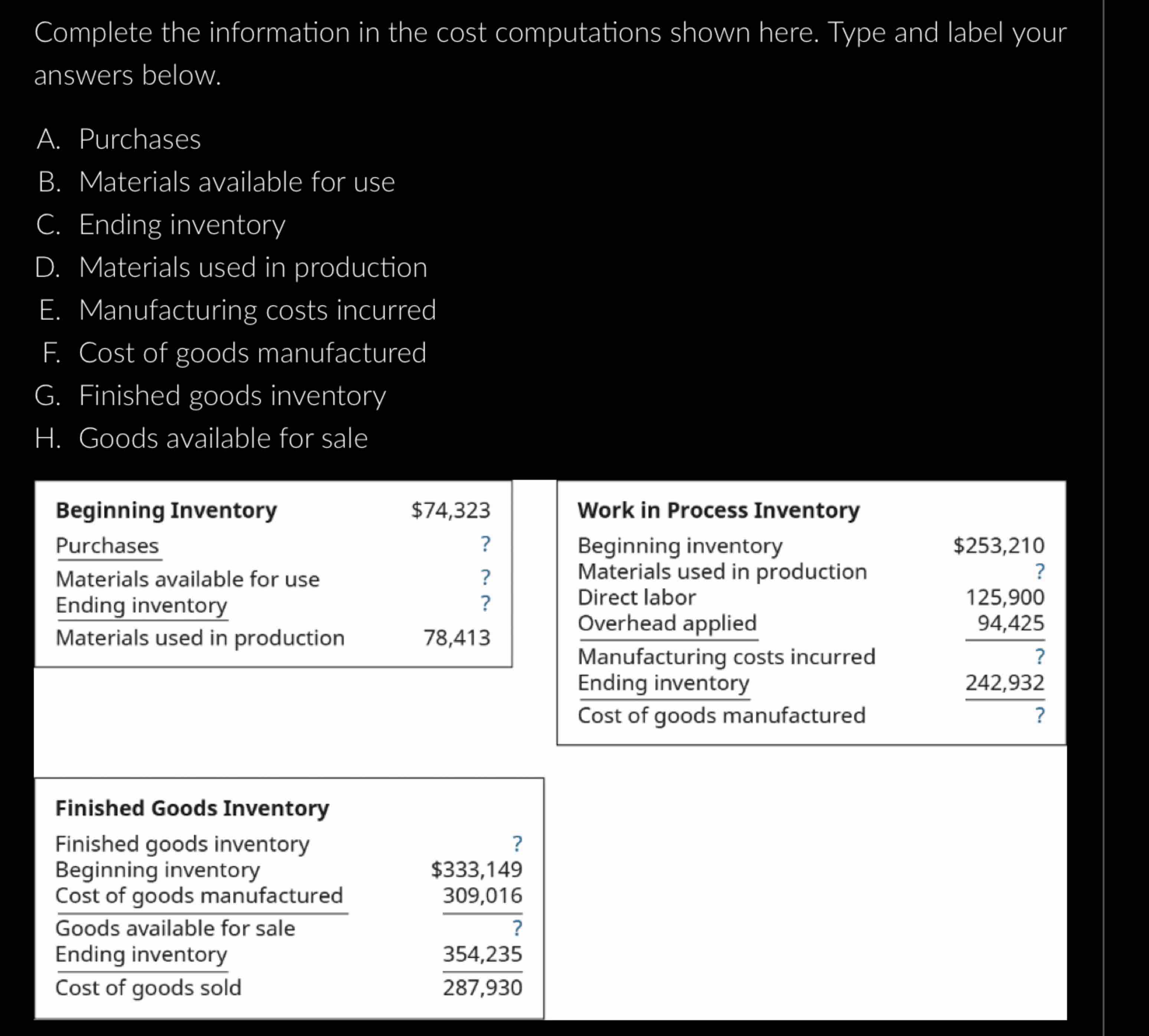 Solved Complete the information in the cost computations | Chegg.com