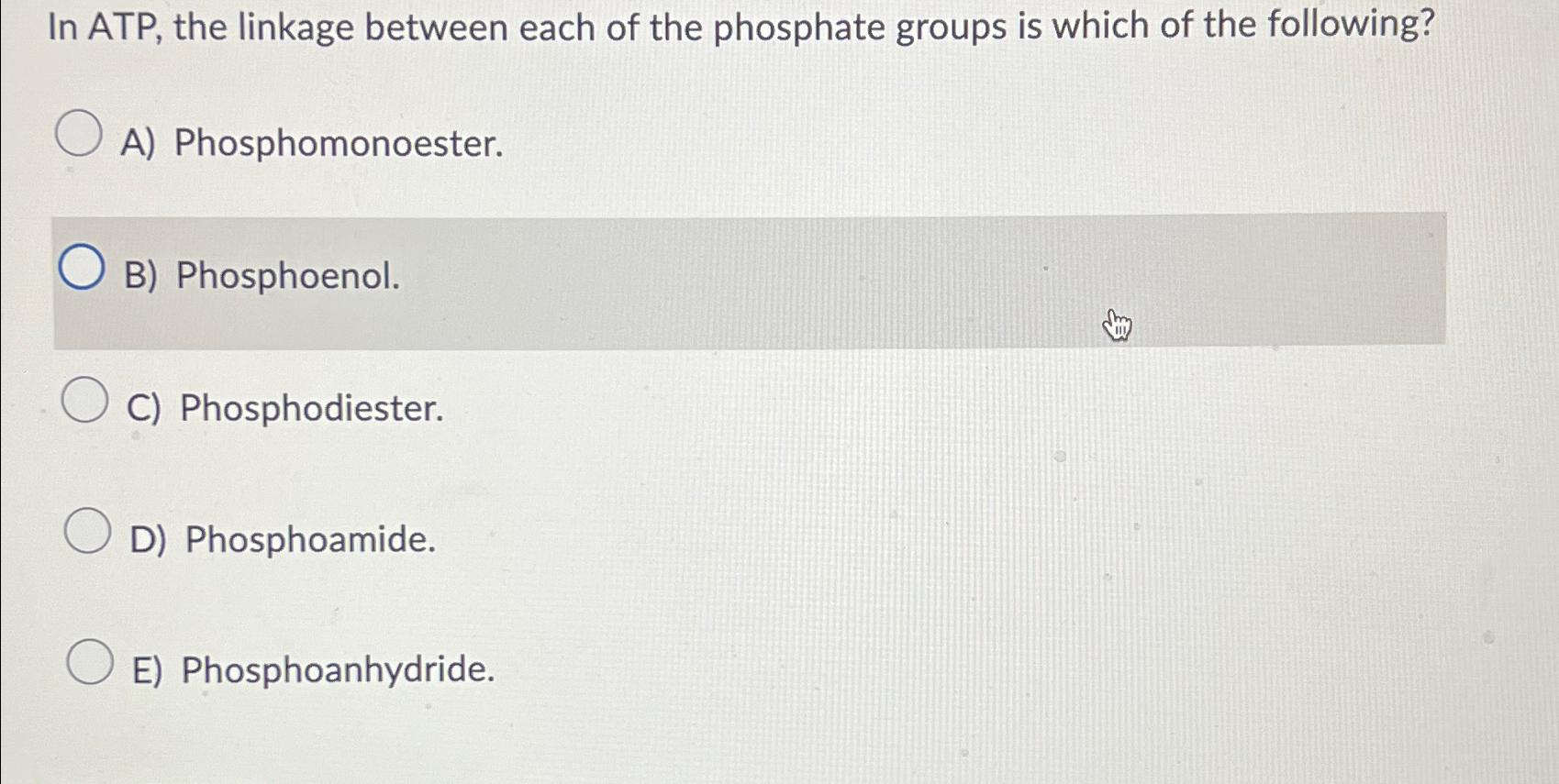 Solved In ATP, the linkage between each of the phosphate | Chegg.com