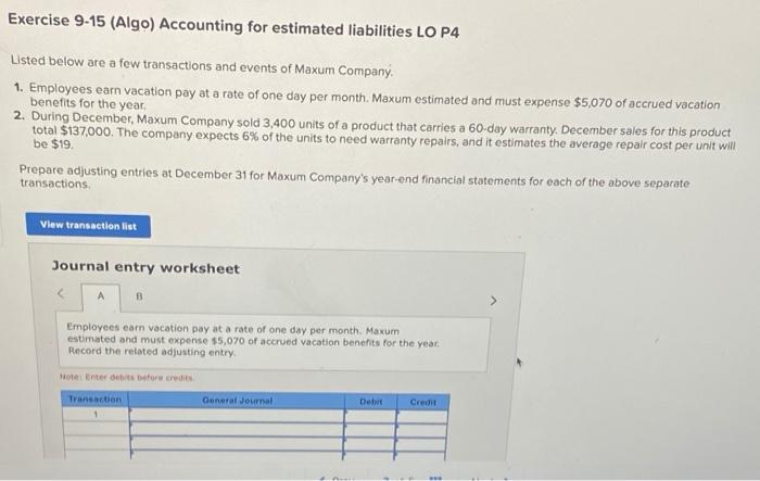 Solved Exercise 9-15 (Algo) Accounting for estimated | Chegg.com