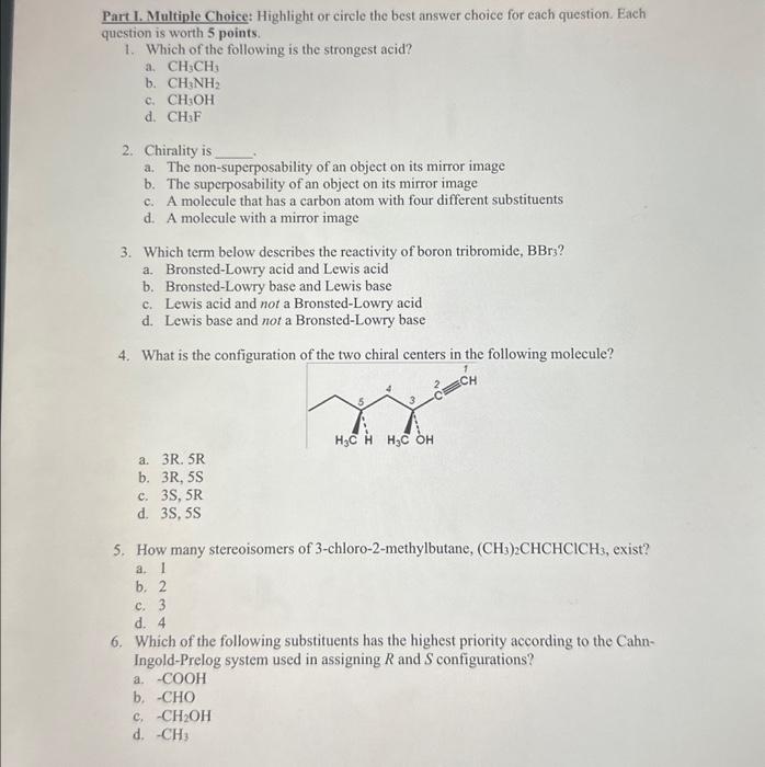Solved Part I. Multiple Choice: Highlight or circle the best | Chegg.com