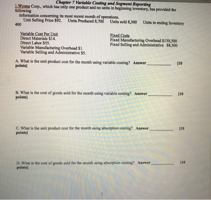 Solved Chapter 7 Variable Costing and Segment Reporting | Chegg.com