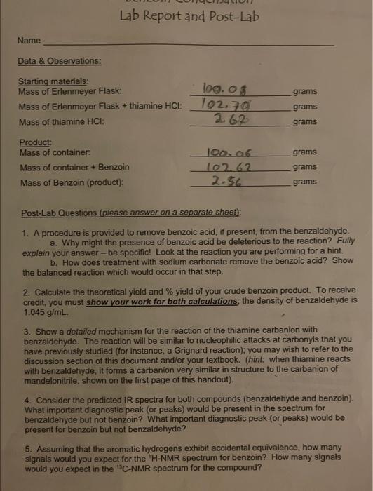 Solved Post-Lab Questions (please answer on a separate | Chegg.com