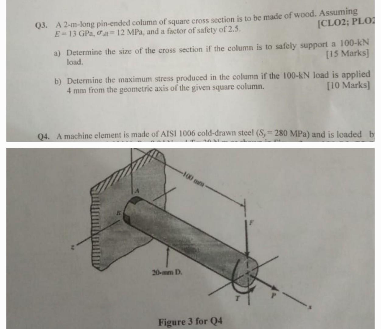 Solved Q3. A 2-m-long pin-ended column of square cross | Chegg.com