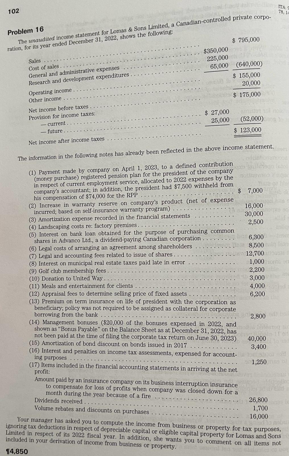 Solved Problem 16The unaudited income statement for Lomas & | Chegg.com