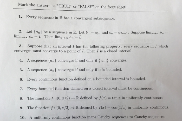 Solved Mark the answers as "TRUE" or "FALSE" on the front | Chegg.com