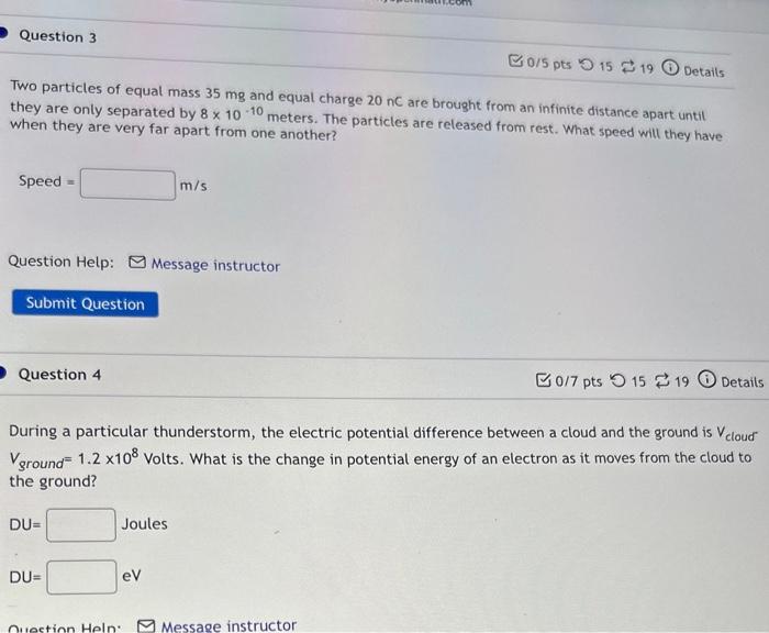 Solved Two particles of equal mass 35mg and equal charge | Chegg.com