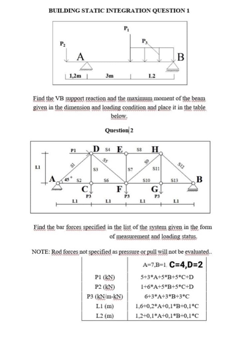 Solved BUILDING STATIC INTEGRATION QUESTION 1 P P, A B 1,2m | Chegg.com