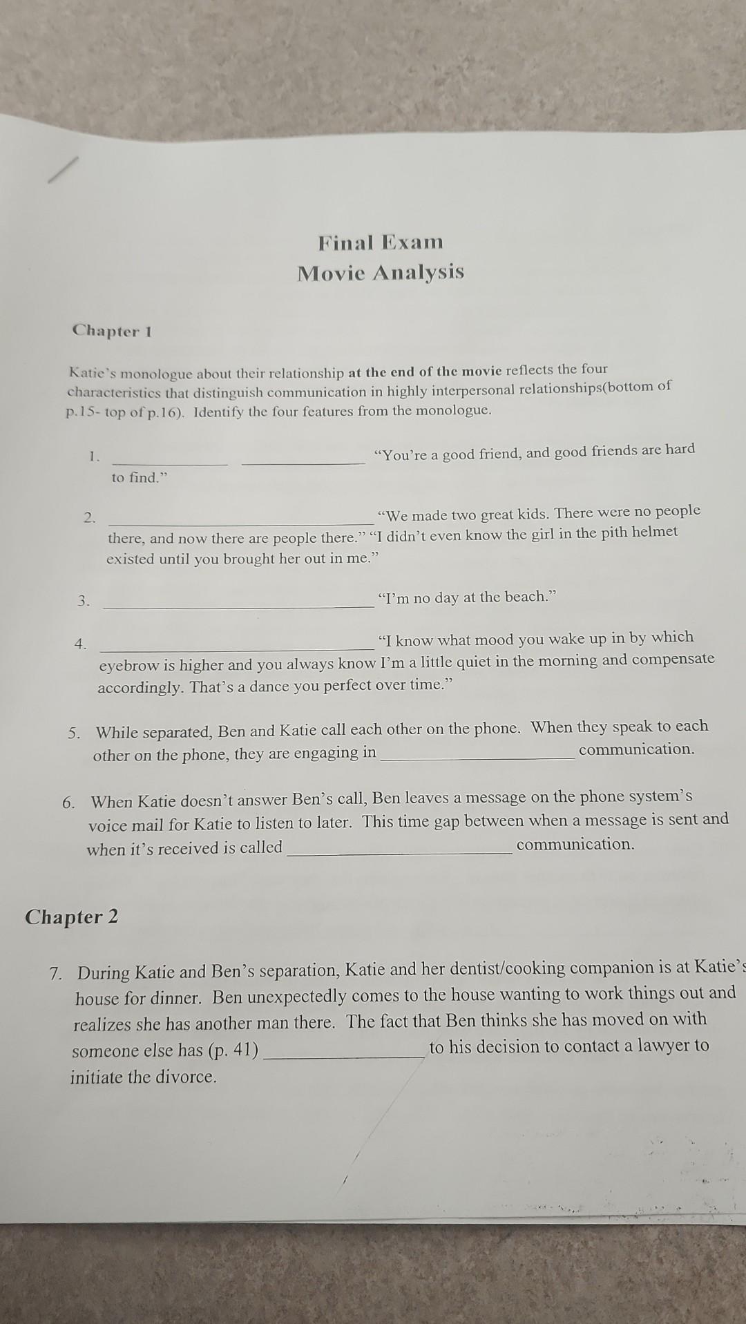 Katie's monologue about their relationship at the end | Chegg.com