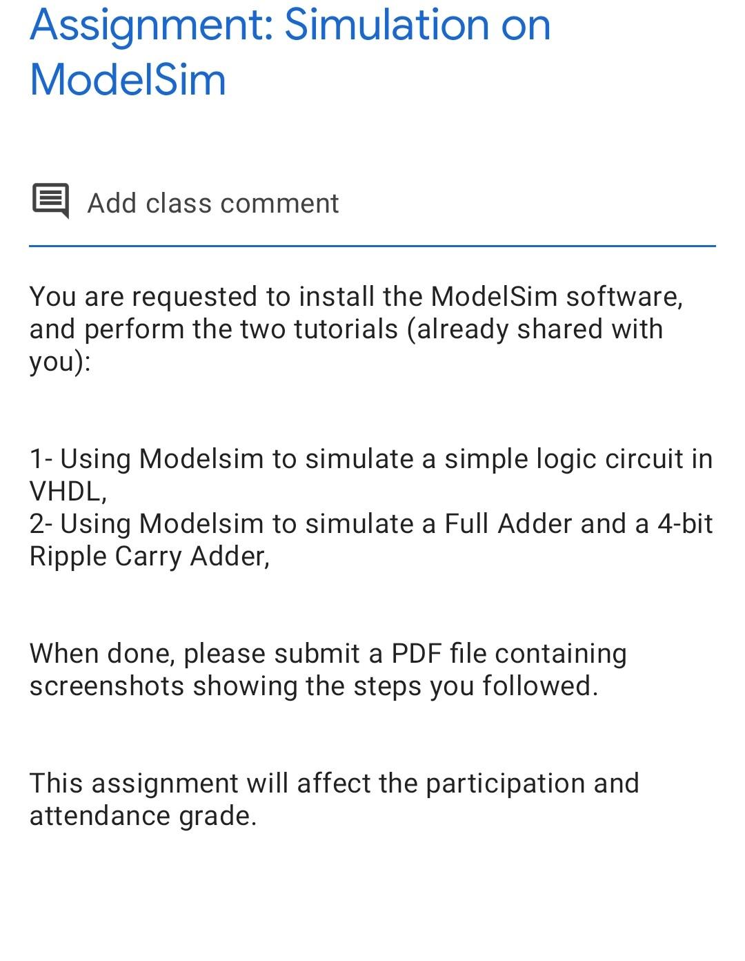 Solved Assignment: Simulation on ModelSim Add class comment | Chegg.com
