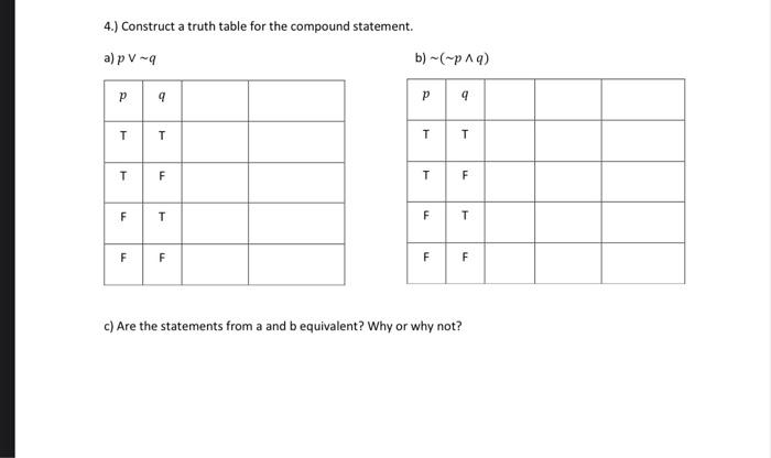 Solved 4.) Construct a truth table for the compound | Chegg.com