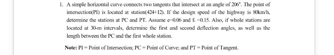 Solved 1. A simple horizontal curve connects two tangents | Chegg.com
