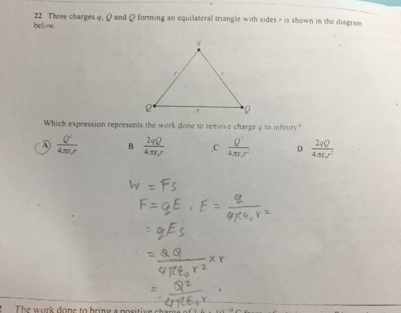 Solved 22. ﻿Three charges q,Q ﻿and Q ﻿forming an equilateral | Chegg.com