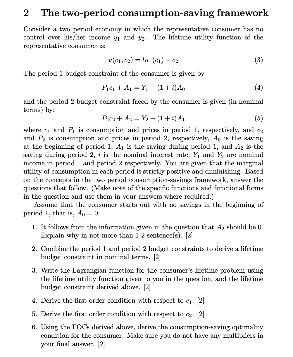 Solved 2 ﻿The two-period consumption-saving | Chegg.com