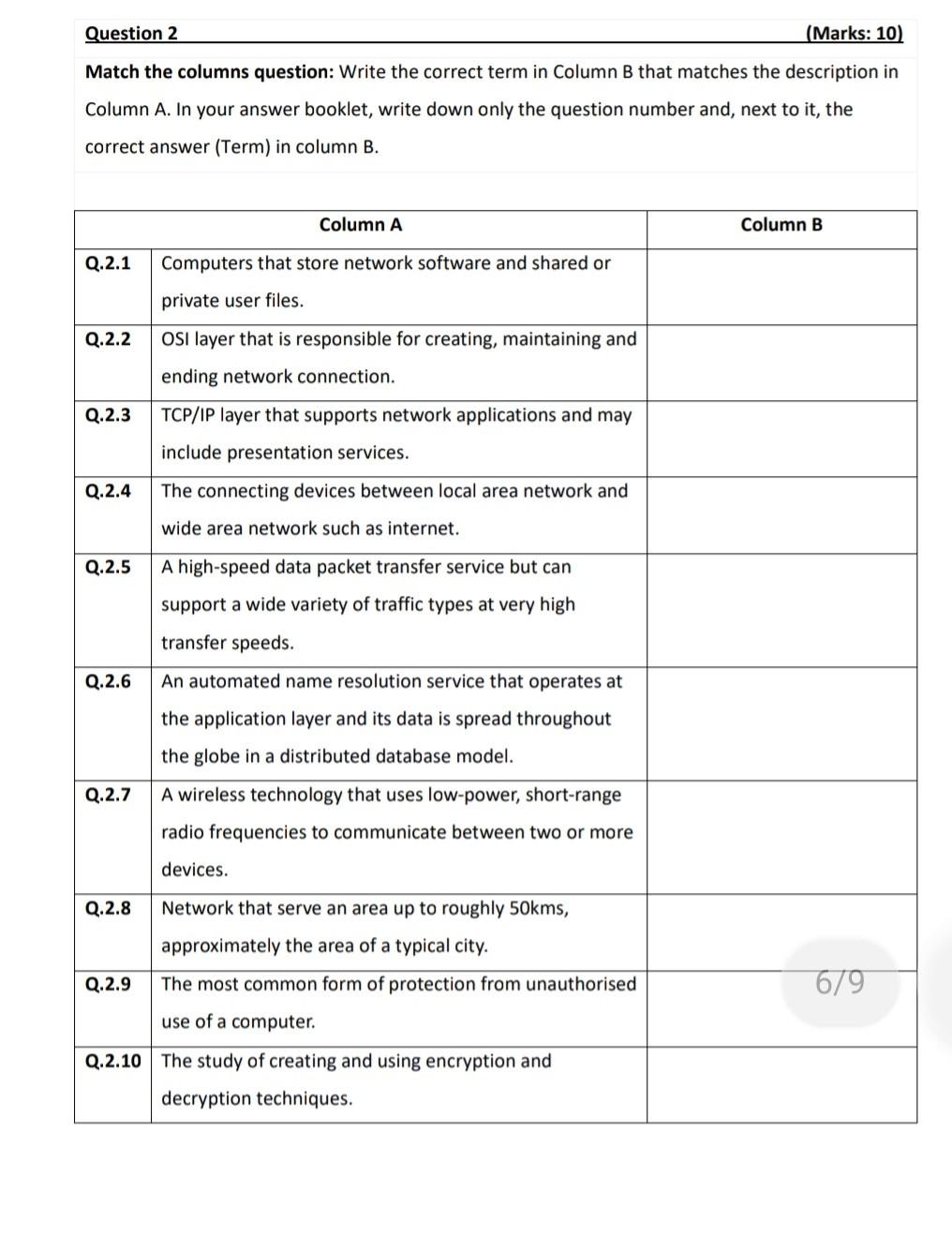 Solved Question 2 (Marks: 10) Match the columns question: | Chegg.com