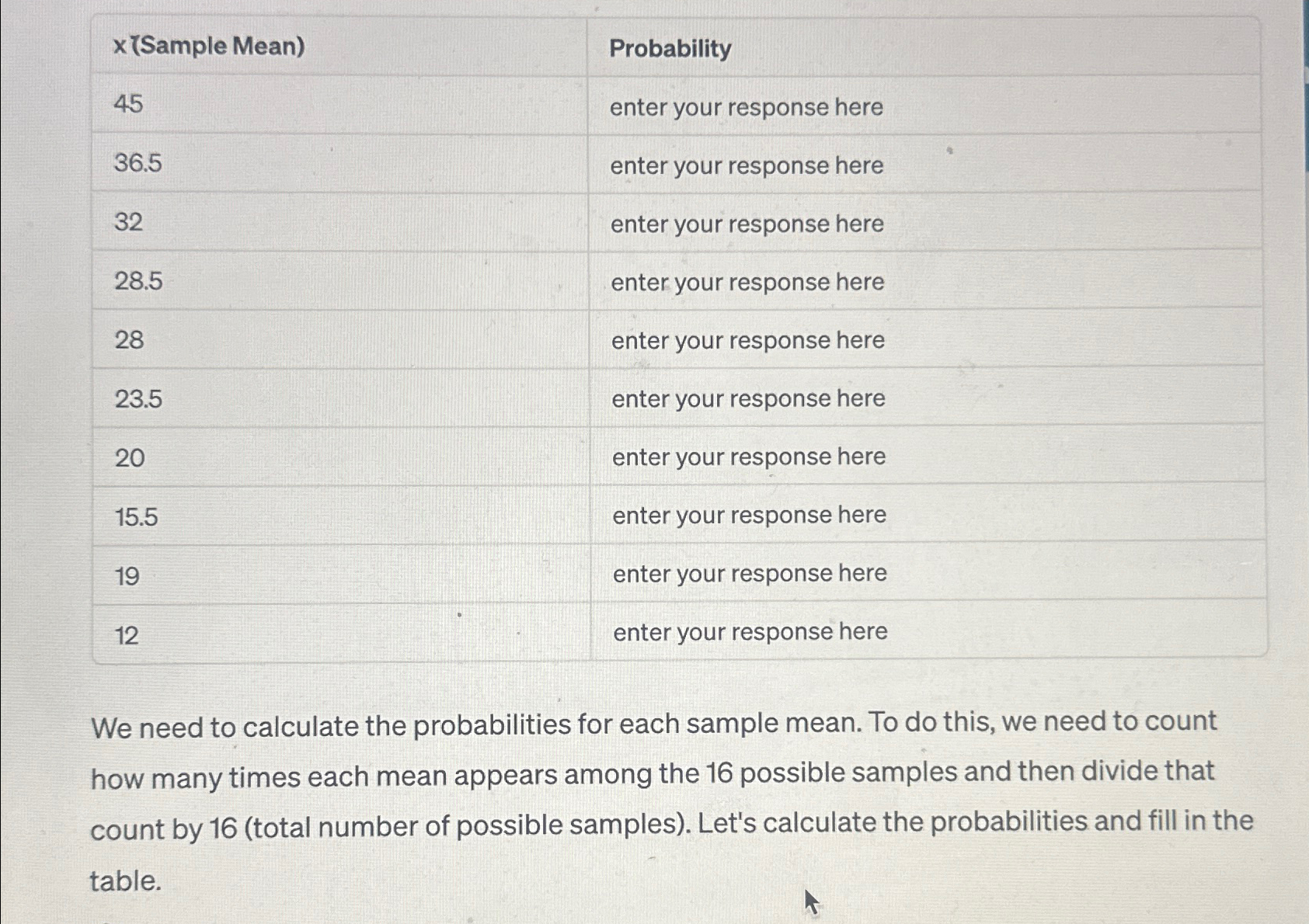 \table[[x (Sample Mean),Probability],[45,enter your | Chegg.com