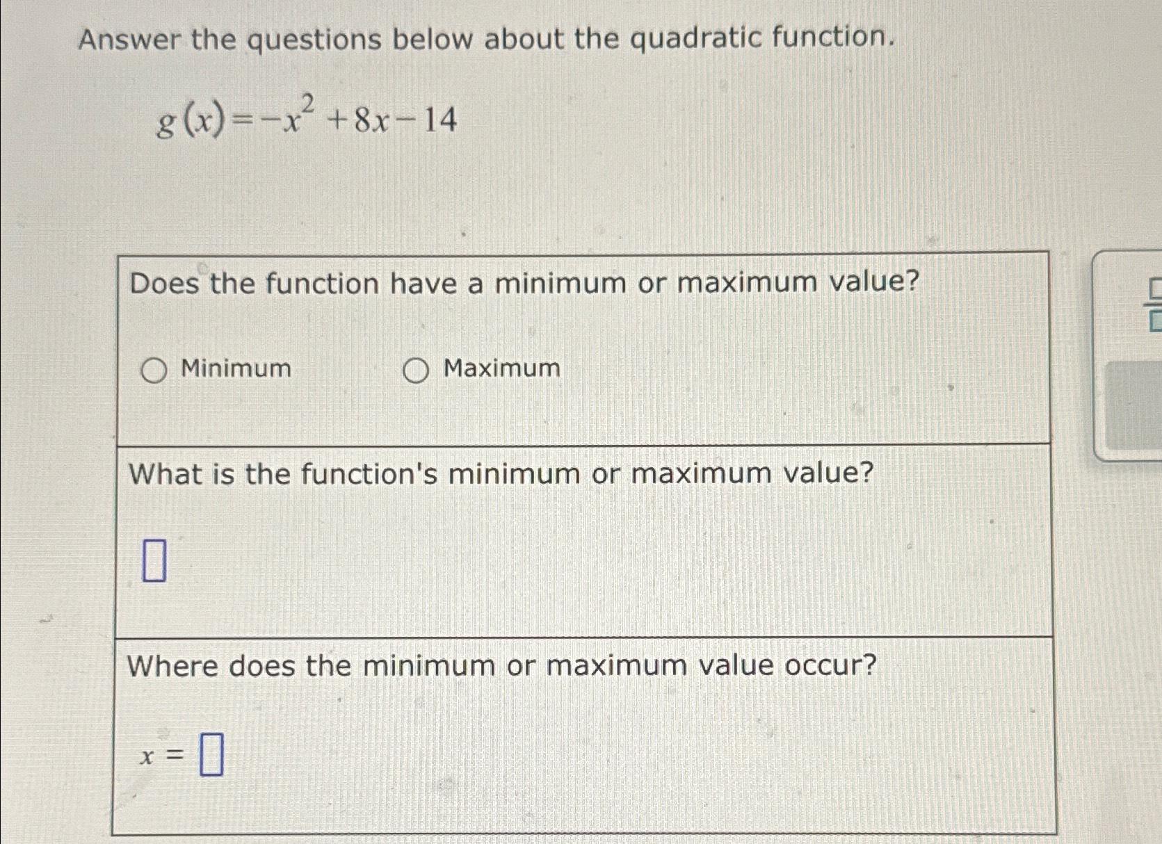 Solved Answer the questions below about the quadratic | Chegg.com