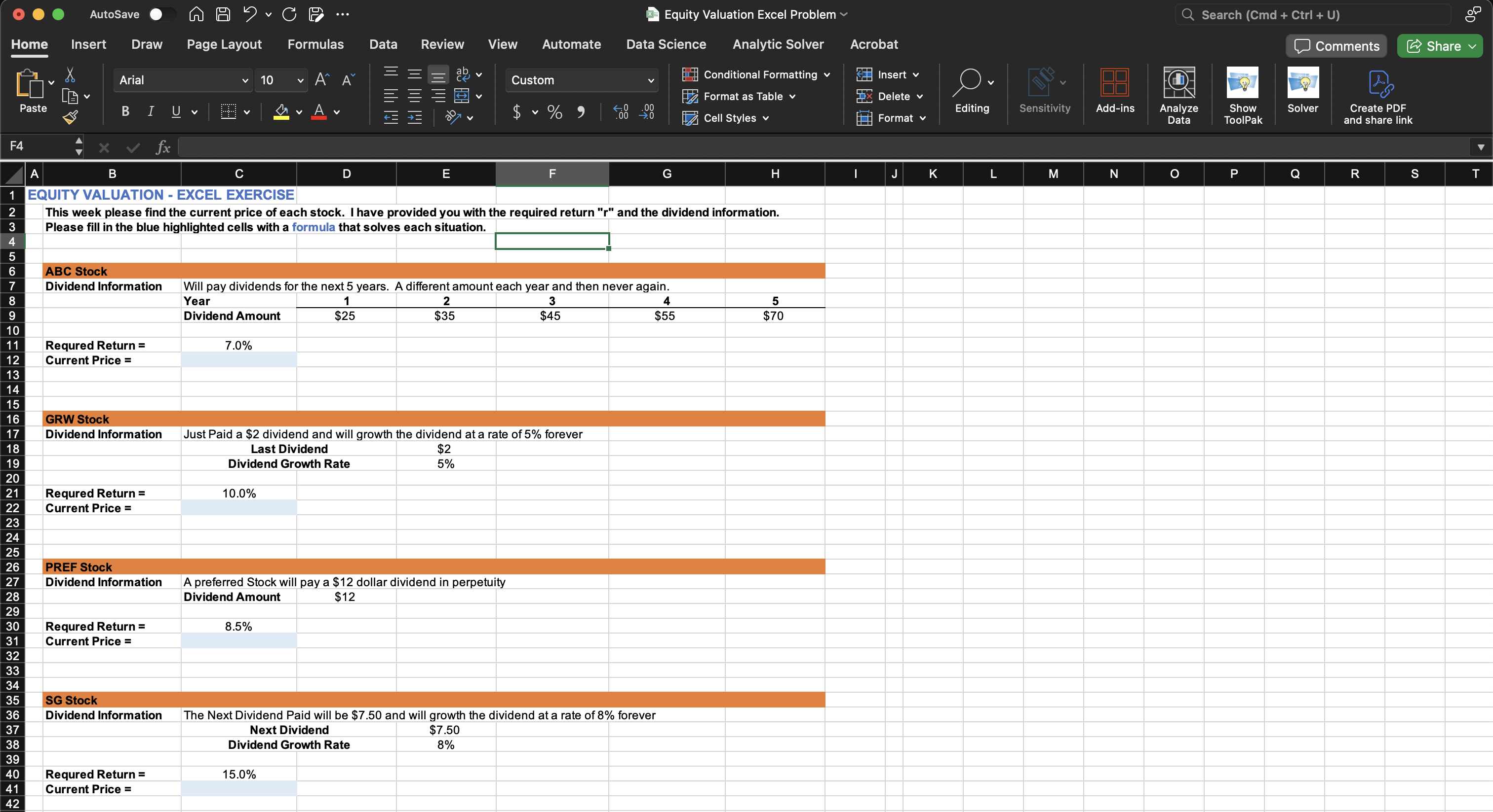 Solved AEQUITY VALUATION - ﻿EXCEL EXERCISEThis week please | Chegg.com