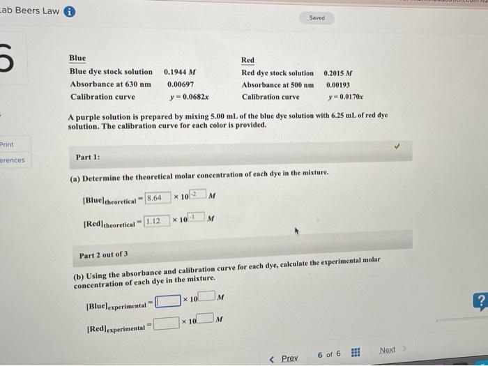 Solved Lab Beers Law Saved Blue Red Blue dye stock solution | Chegg.com