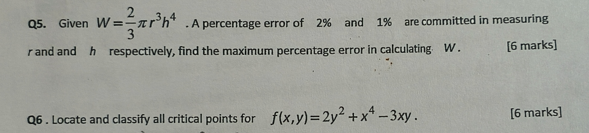 Solved Q5. ﻿Given W=23πr3h4. ﻿A percentage error of 2% ﻿and | Chegg.com