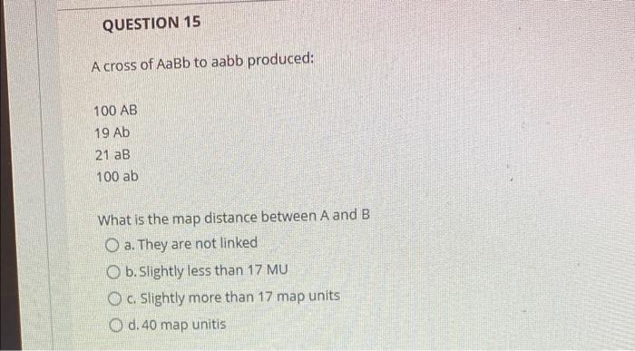 Solved QUESTION 15 A cross of AaBb to aabb produced: 100 AB | Chegg.com
