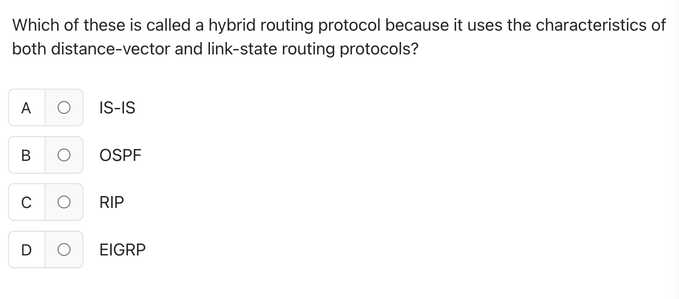 Solved Which of these is called a hybrid routing protocol | Chegg.com