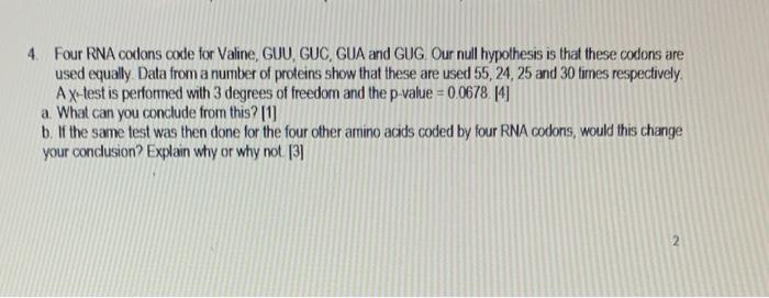 Solved 4. Four RNA codons code for Valine, GUU, GUC, GUA and | Chegg.com