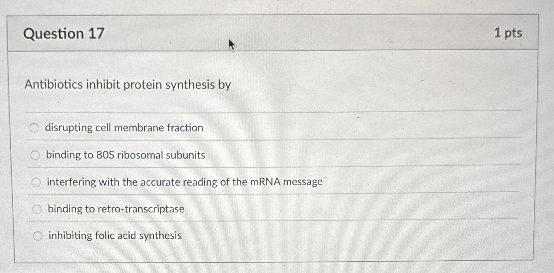 Solved Question 171 ﻿ptsAntibiotics inhibit protein | Chegg.com