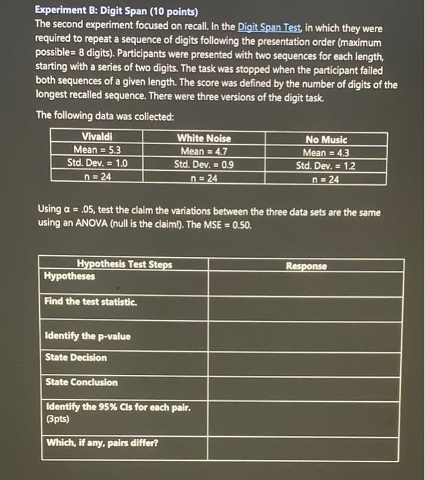 Solved Experiment B: Digit Span (10 points) The second | Chegg.com