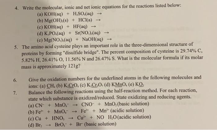 Solved 4. Write the molecular, ionic and net ionic equations | Chegg.com