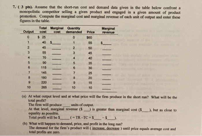 Solved 1 1 7. ( 3 pts). Assume that the short-run cost and | Chegg.com