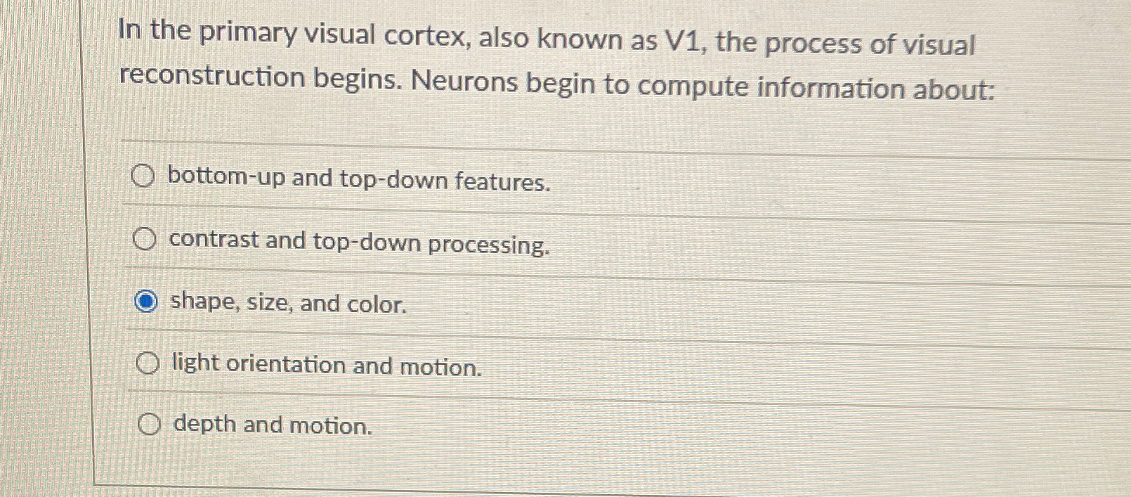 Solved In the primary visual cortex, also known as V1, ﻿the | Chegg.com