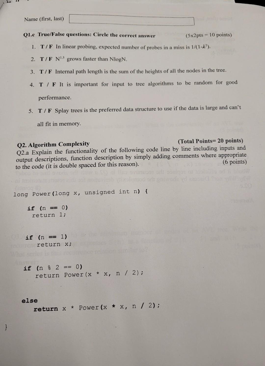 Solved Name (first, last) Q2.b: What is the complexity of | Chegg.com