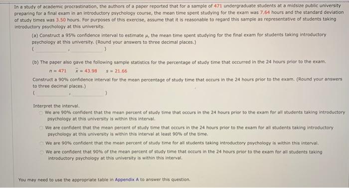 Solved In a study of academic procrastination, the authors | Chegg.com