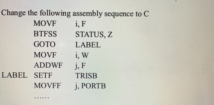 Change the following assembly sequence to C MOVF i, F | Chegg.com