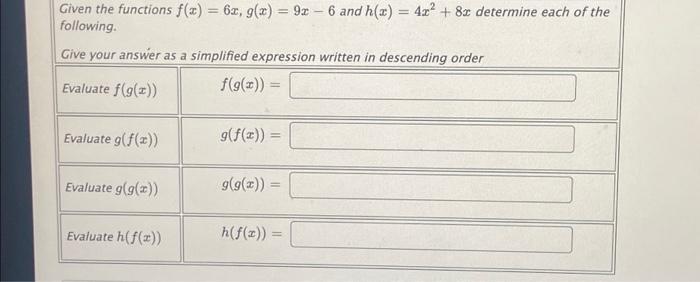 Solved Given the functions f(x) = 6x, g(x) = 9x - 6 and h(x) | Chegg.com