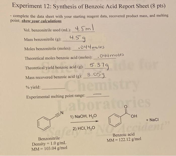 Solved 4.59 Experiment 12: Synthesis of Benzoic Acid Report | Chegg.com