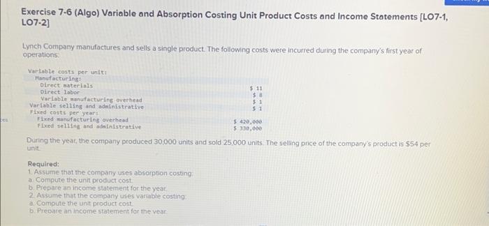 Solved Exercise 7-6 (Algo) Variable and Absorption Costing | Chegg.com