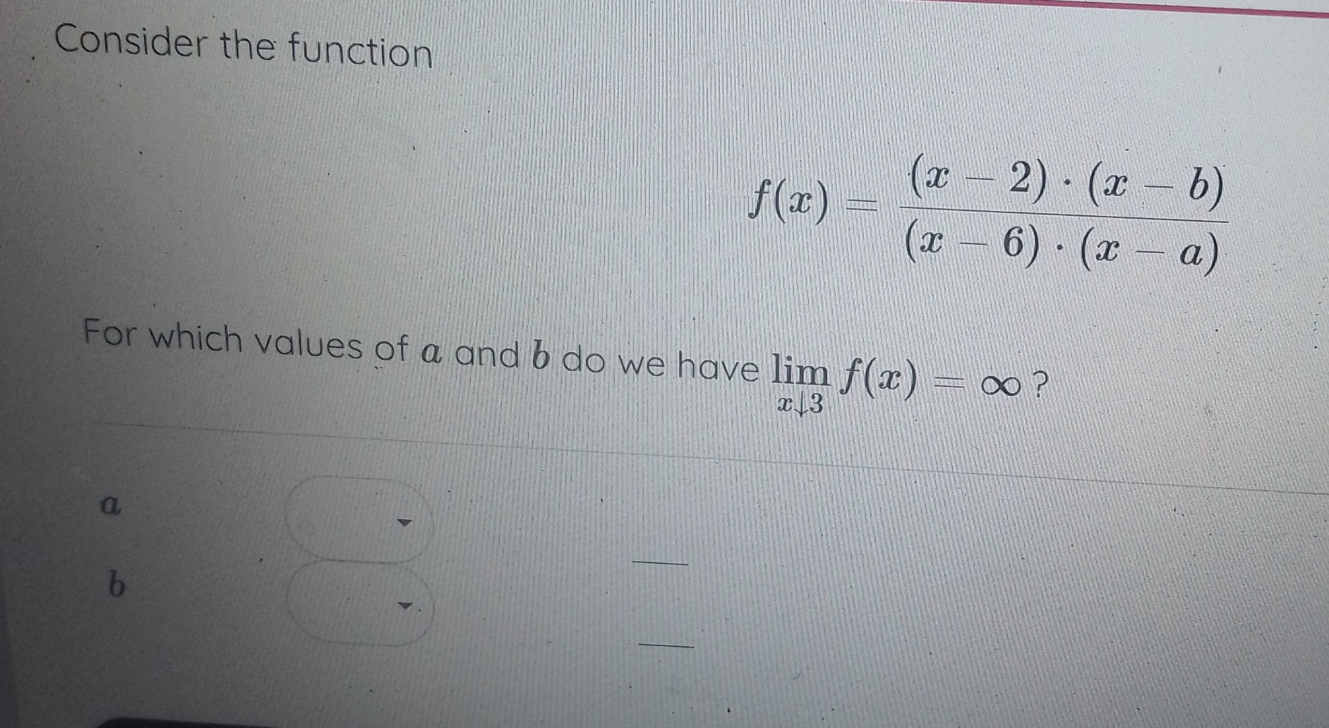 Solved Consider the functionf(x)=(x-2)*(x-b)(x-6)*(x-a)For | Chegg.com