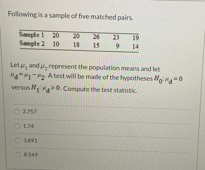 Solved Following is a sample of five matched pairs. Sample 1 | Chegg.com