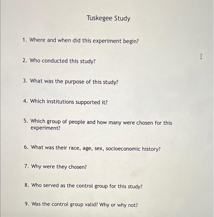 Solved Tuskegee Study 1. Where and when did this experiment | Chegg.com