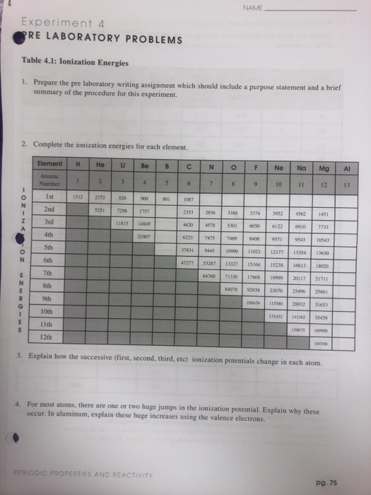 NAME Experiment 4 PRE LABORATO RY PROBLEMS Table 4.1: | Chegg.com