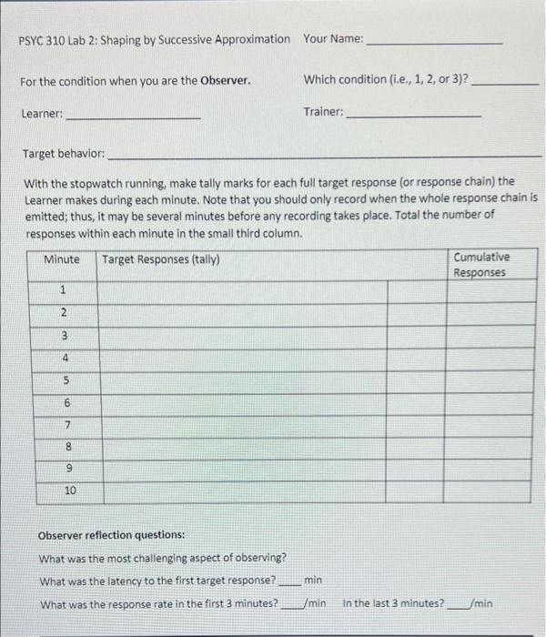 PSYC 310 Lab 2: Shaping by Successive Approximation | Chegg.com