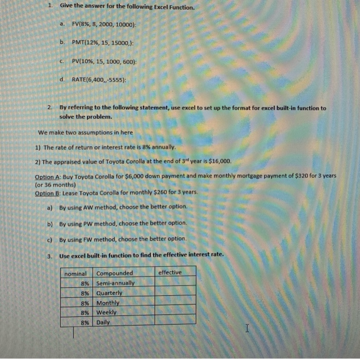 Solved t Give the answer for the following Excel Function. | Chegg.com