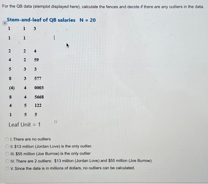 Solved For the QB data (stemplot displayed here), calculate | Chegg.com