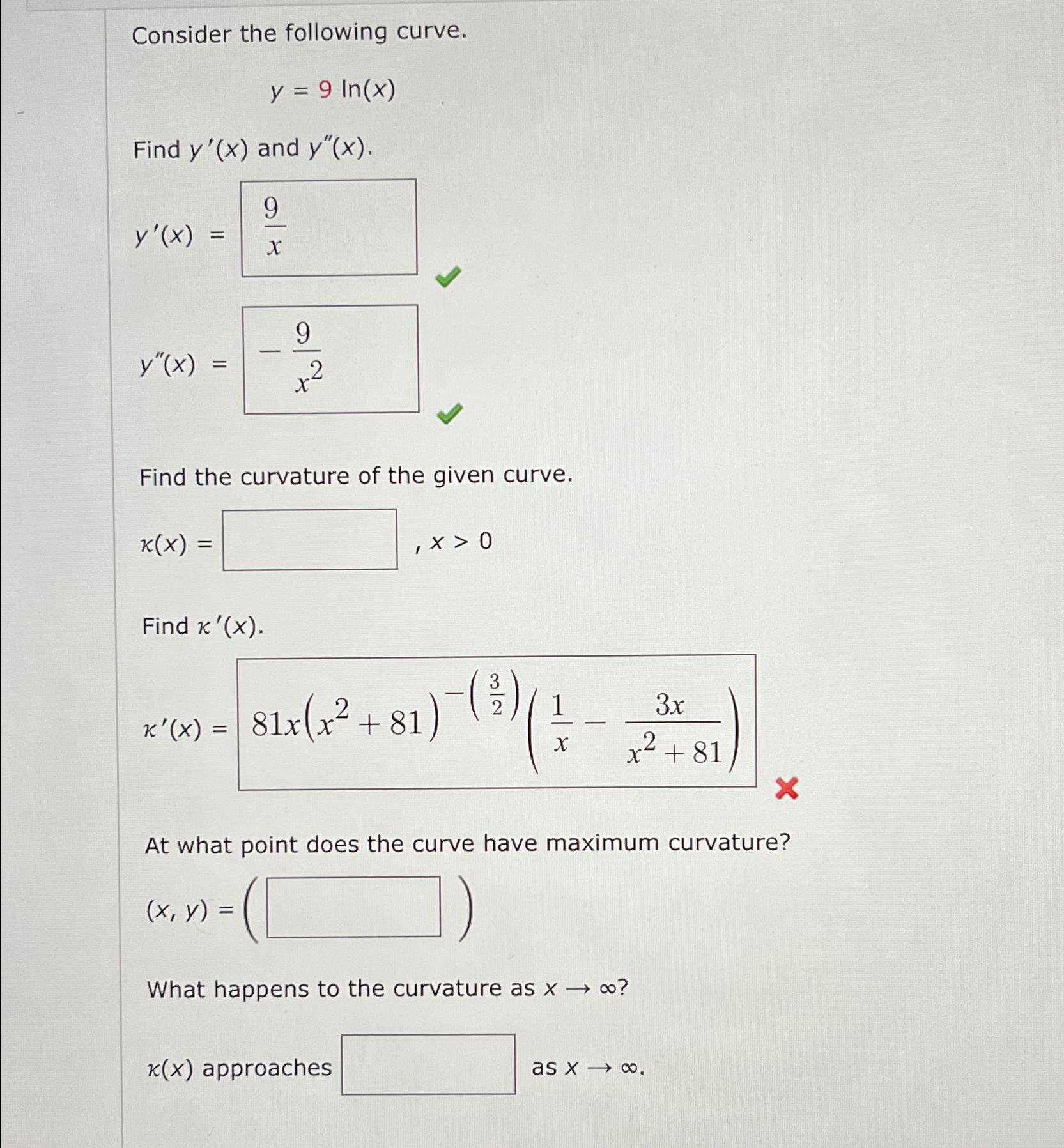 Solved Consider the following curve.y=9ln(x)Find y'(x) ﻿and | Chegg.com