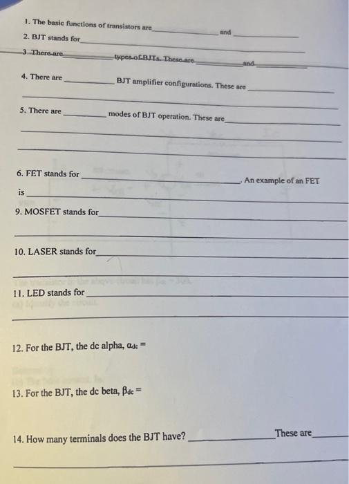 Solved 1. The basic functions of transistors are. 2. BJT | Chegg.com
