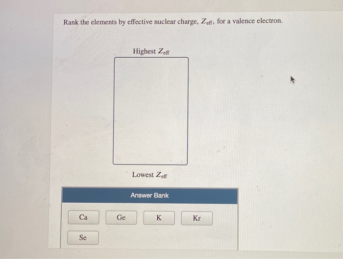 Solved Rank the elements by effective nuclear charge, Zeff, | Chegg.com